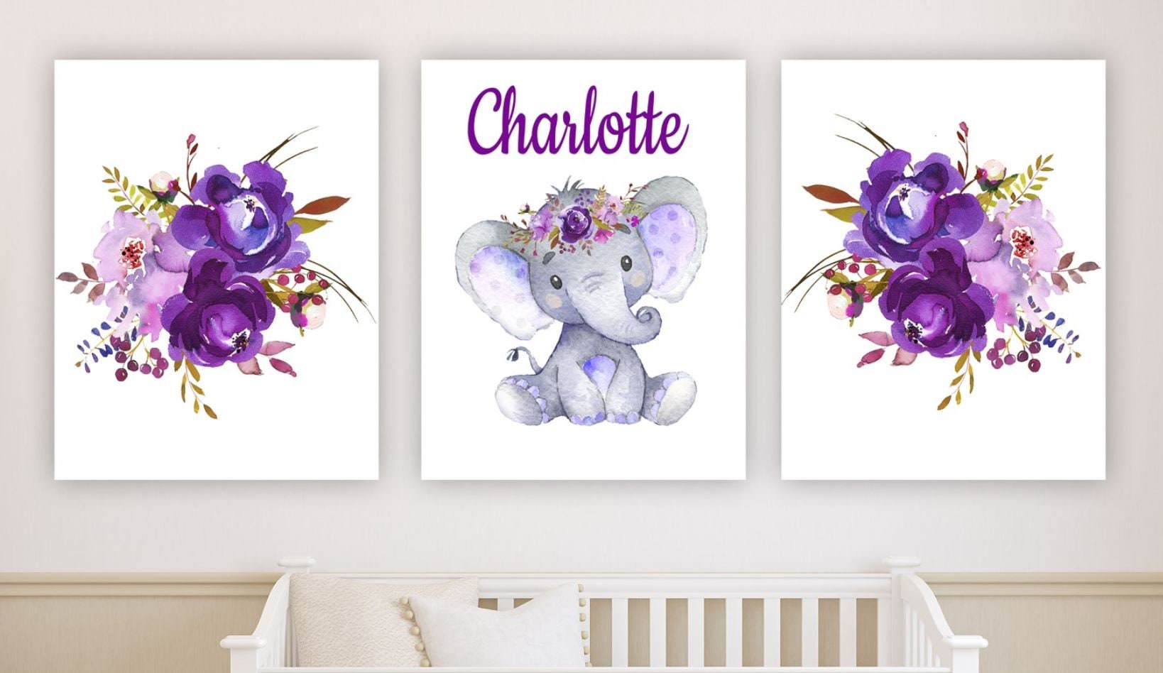 Elephant Purple Watercolor Floral Baby Girl Nursery Bedding Set:fitted ...
