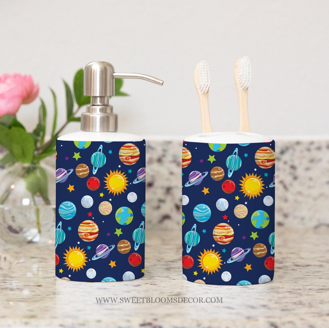 Outer Space Planets Theme Toothbrush Holder and Soap Dispenser, Kids ...