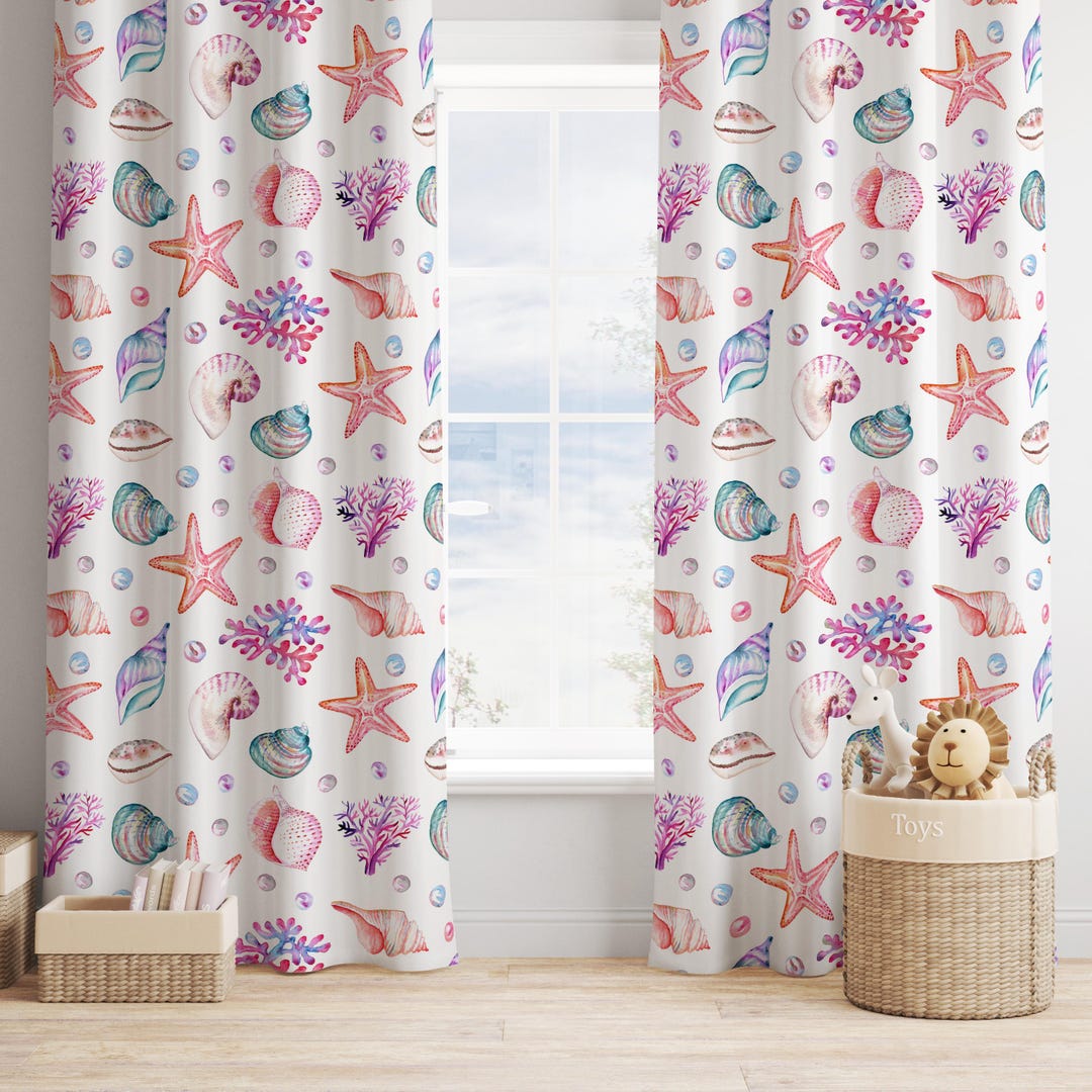 Seashells Window Curtains, Watercolor Under the Sea Ocean Shell ...