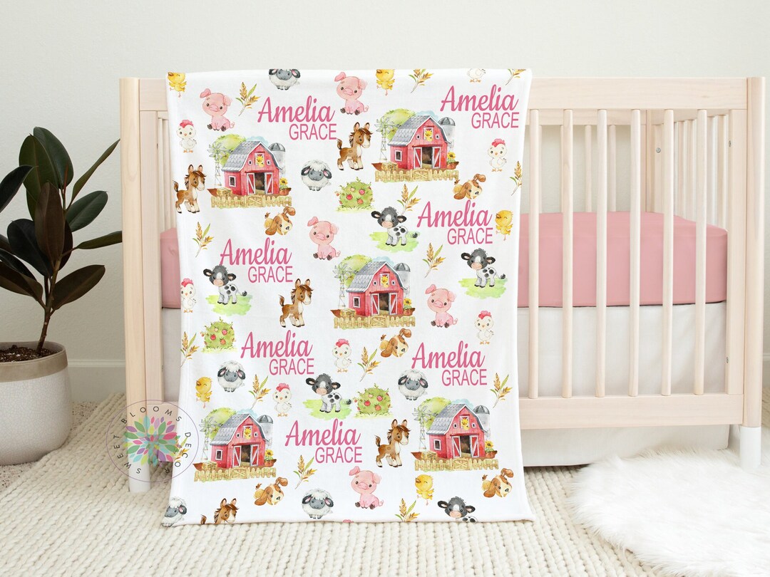 Farm Blanket, Personalized Baby Girl Farm Animals Blanket, Pink ...