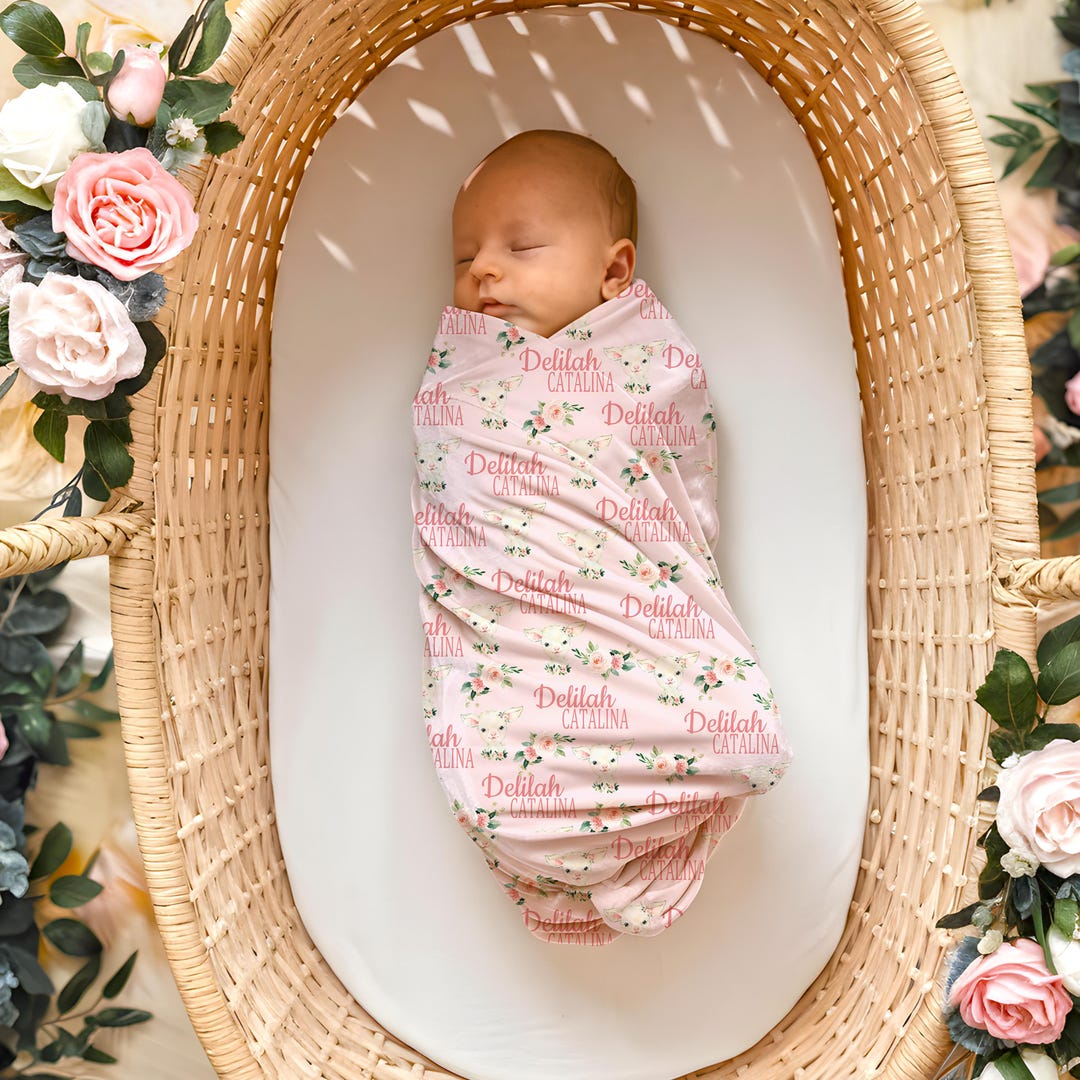 Lamb Pink Floral Swaddle Blanket, Personalized Girl Lamb Blanket, Blush ...