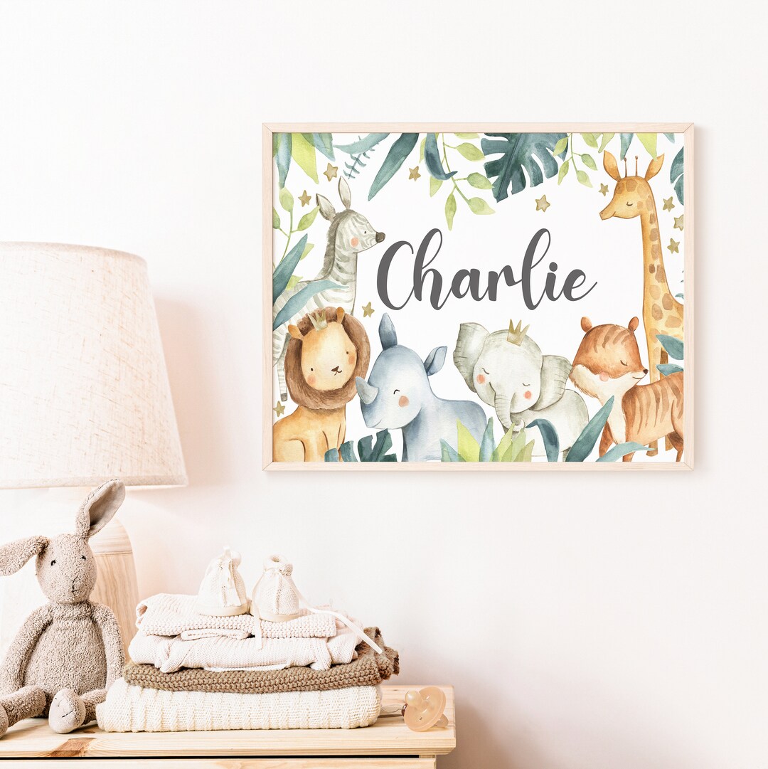 Safari Animals Nursery Name Wall Art, Watercolor Jungle Animals Green ...