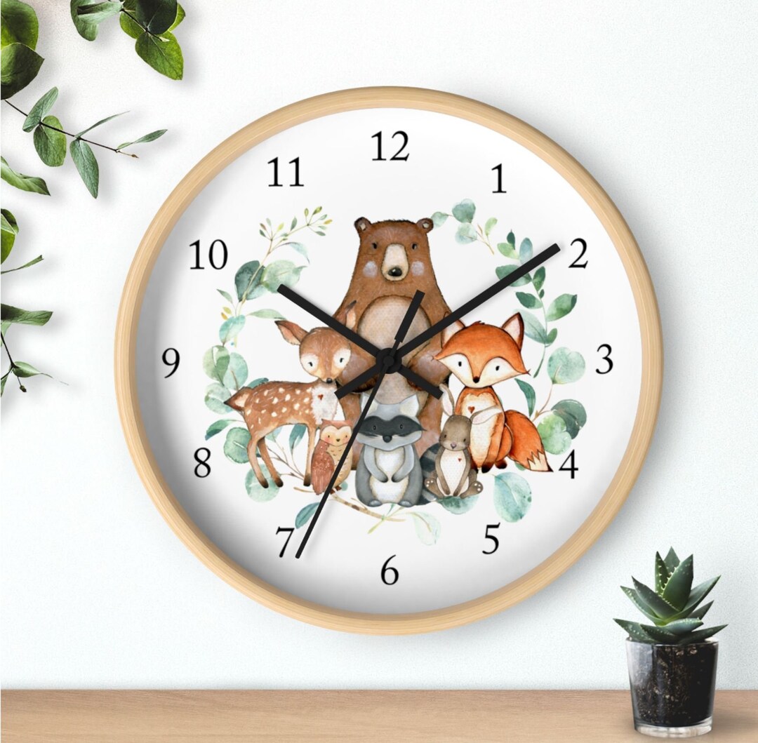 Woodland Animals Wall Clock, Eucalyptus Leaves Nursery Baby Boy Girl ...