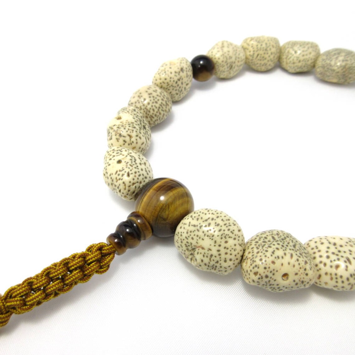 White Bodhi Tree Wood & Tiger Eye Japanese Traditional Juzu Buddhist ...