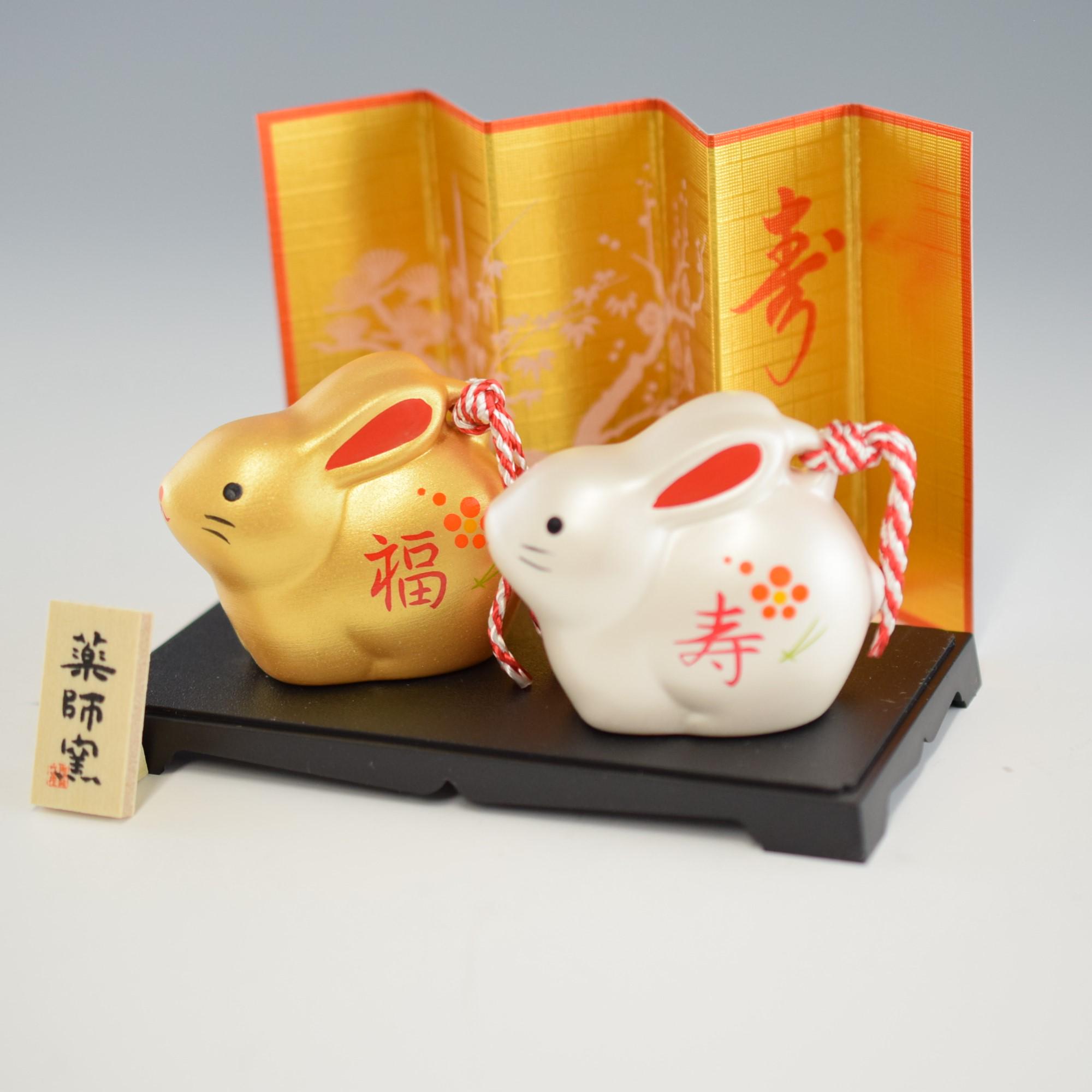 Japanese Traditional Easter Double Rabbit Figurine Ceramic Ornament ...