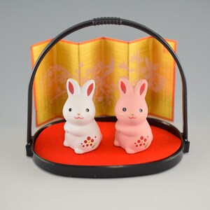 Japanese Traditional Zodiac Double Rabbit Figurine Ceramic Ornament ...