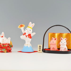 Japanese Traditional Zodiac Double Rabbit Figurine Ceramic Ornament ...