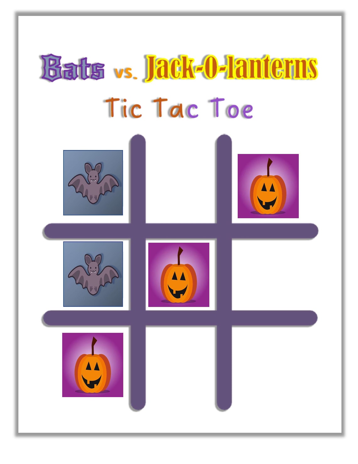 Bats Jack-o-lanterns Printable Tic Tac Toe Halloween/harvest Game Board ...