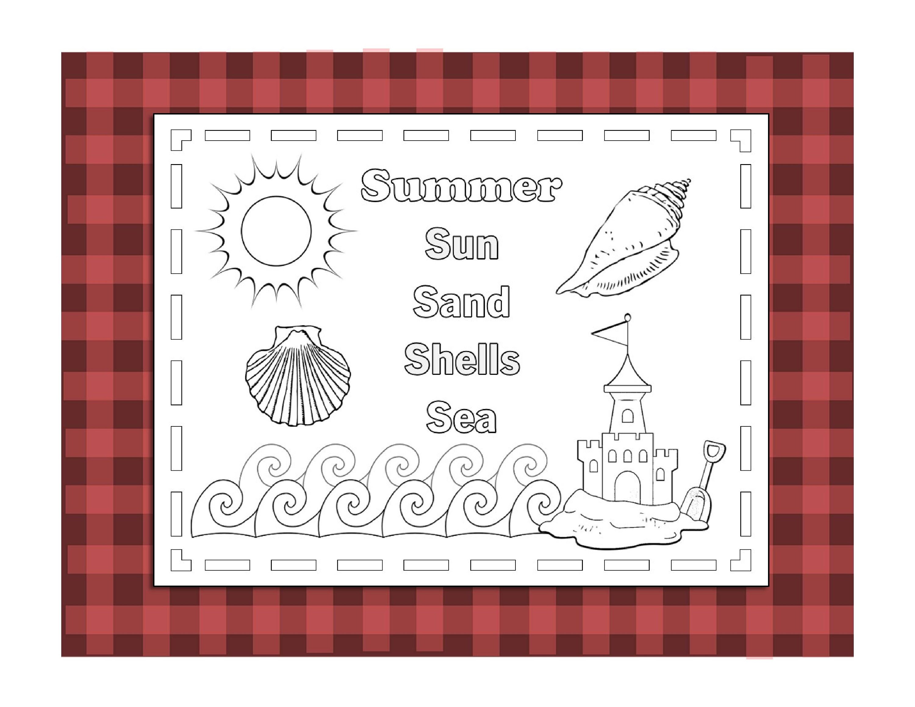 Summer Coloring Page - Sun Sand Shells Sea Printable - for Enjoyment ...