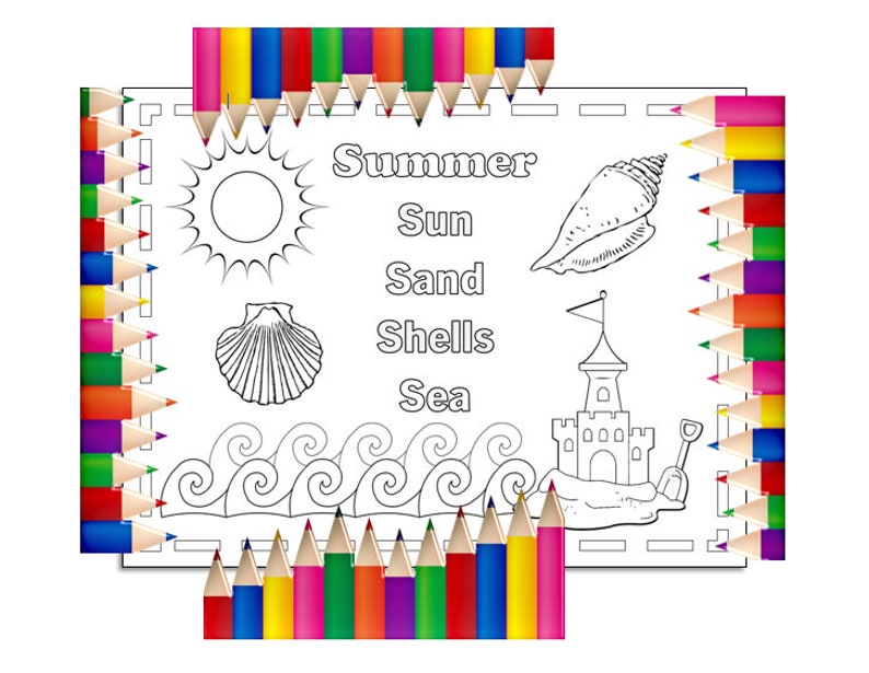Summer Coloring Page - Sun Sand Shells Sea Printable - for Enjoyment ...