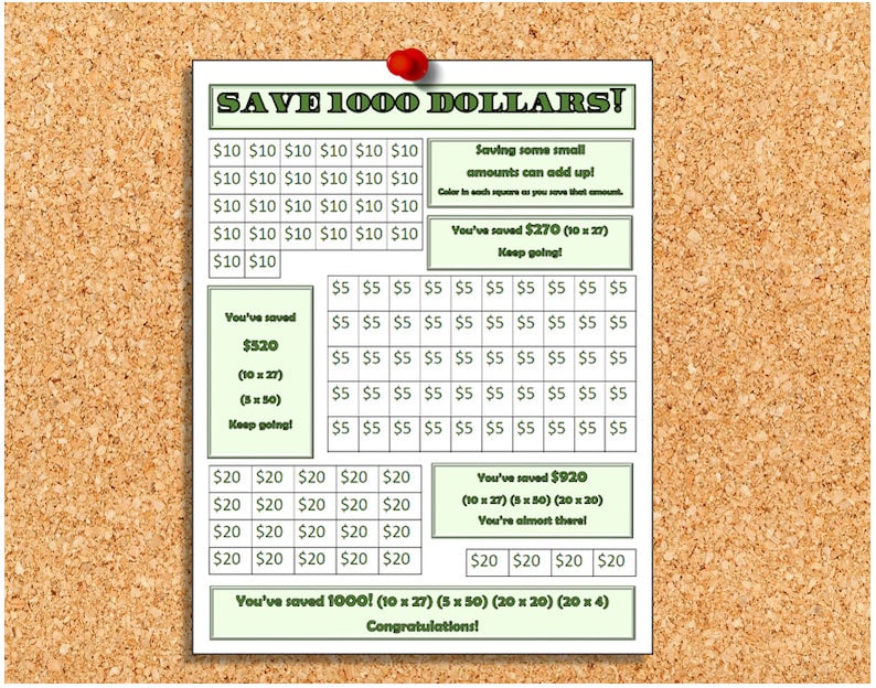 Save 1000- Savings Challenge Plan Printable-visual Teaching Tool to ...