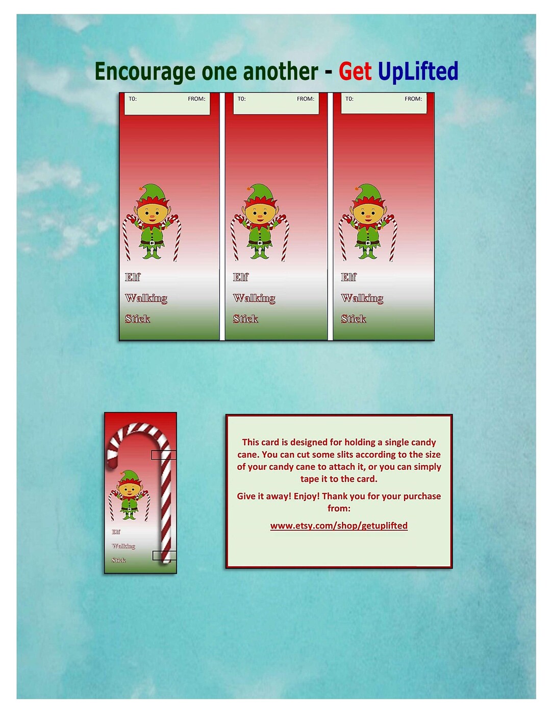 Candy Cane Card & Candy Cane Bag Topper - Elf Walking Stick to Use as a ...