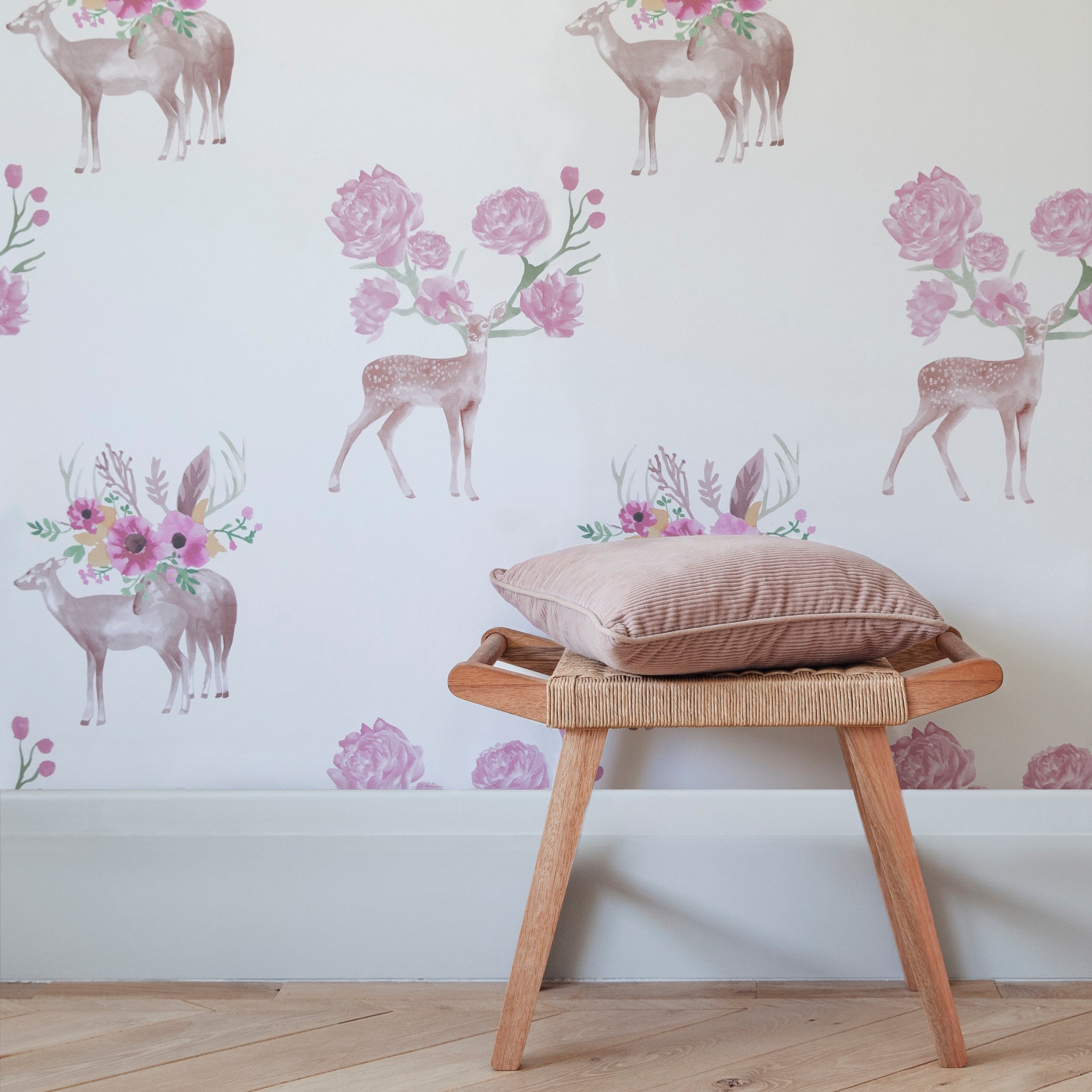 Woodland Wonder Deer Botanical Floral Wallpaper, Deer Wall Decor, Deer ...