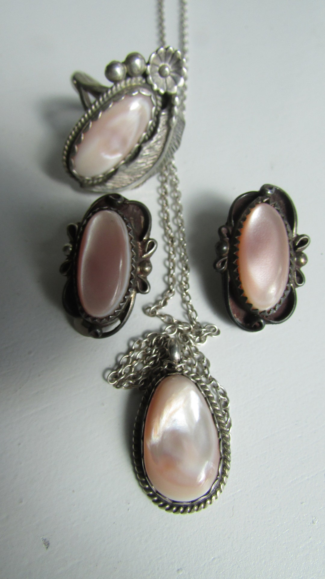 Vintage Navajo Sterling Silver Pink MOP Ring, Necklace, Earrings ...