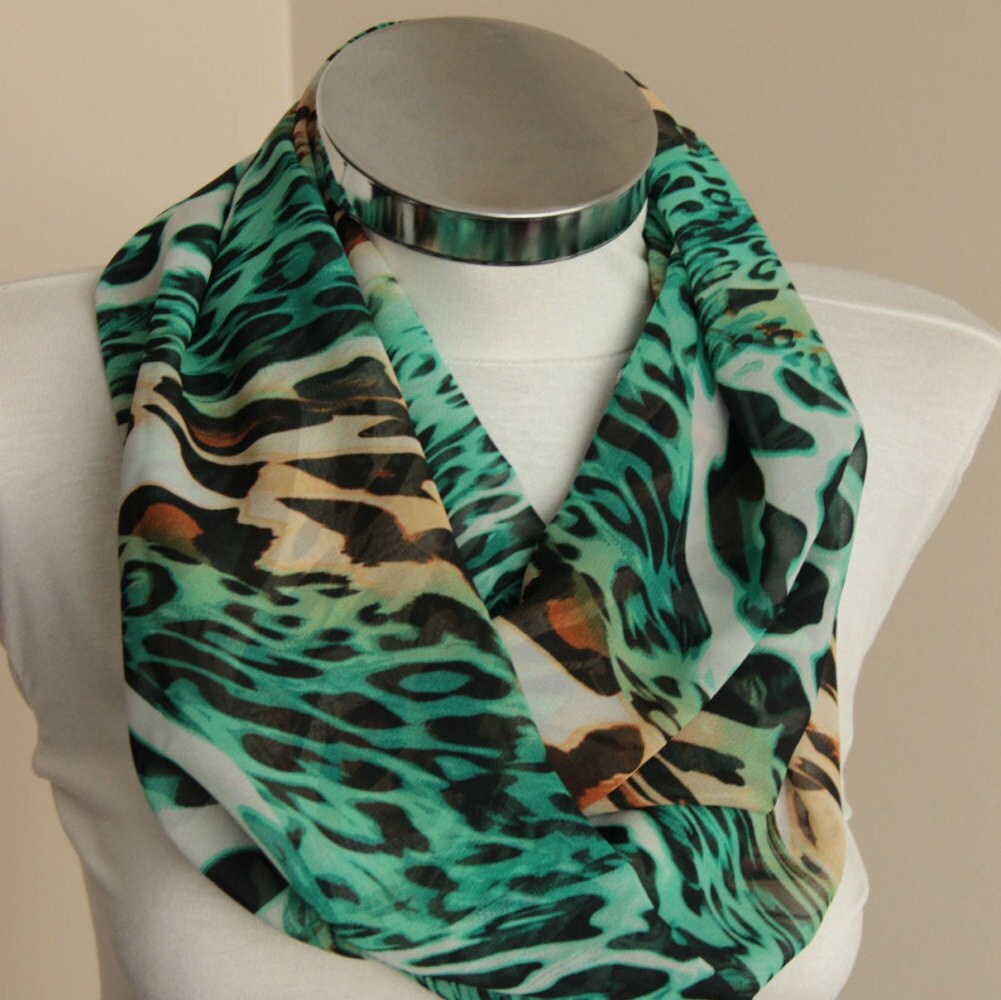 Tiger Skin Infinity Scarf, Leopar Design, Brown, Cyan, Summer, Spring ...