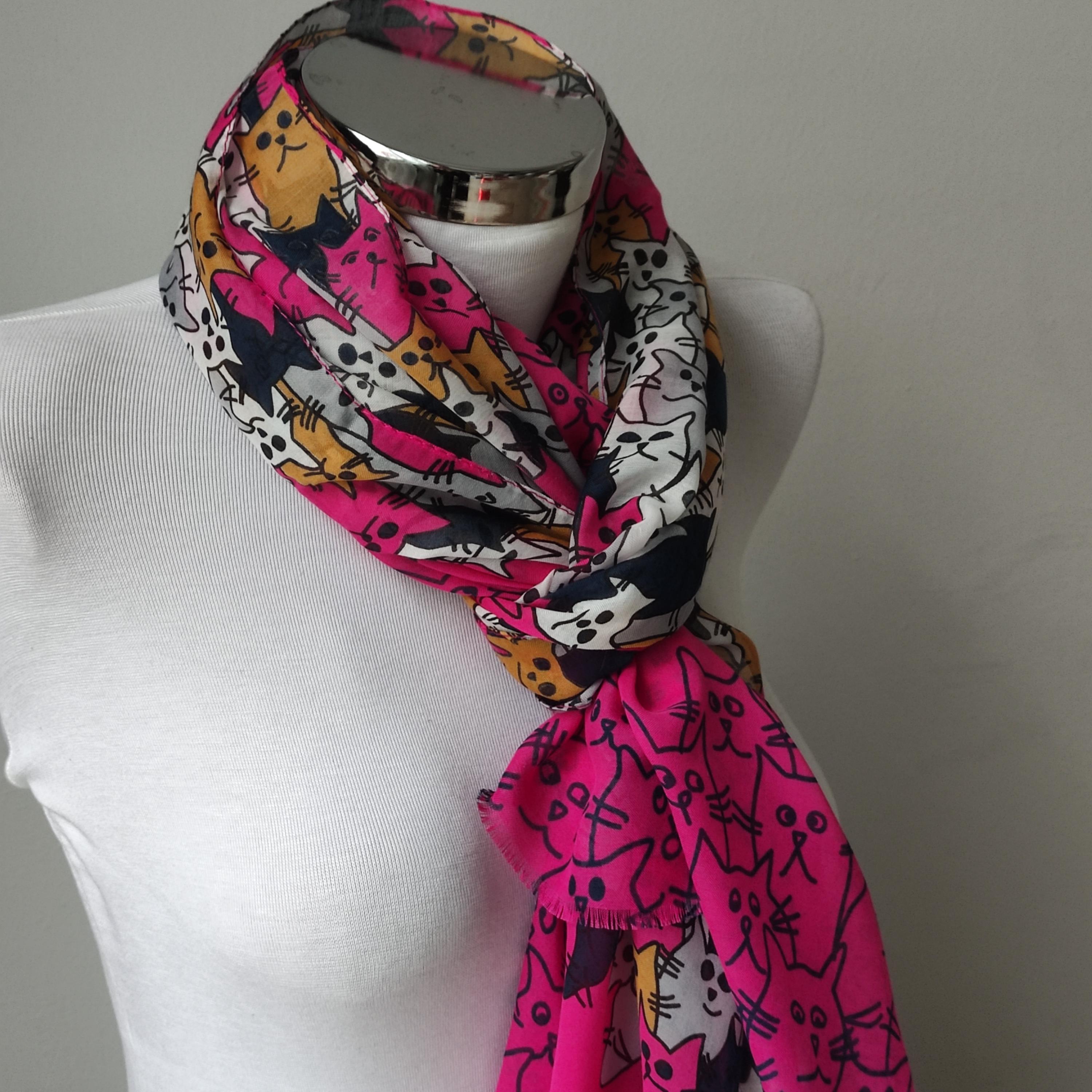 Long Scarf, Little Cute Cats, Black White, Organic Cotton Scarf, Cat ...