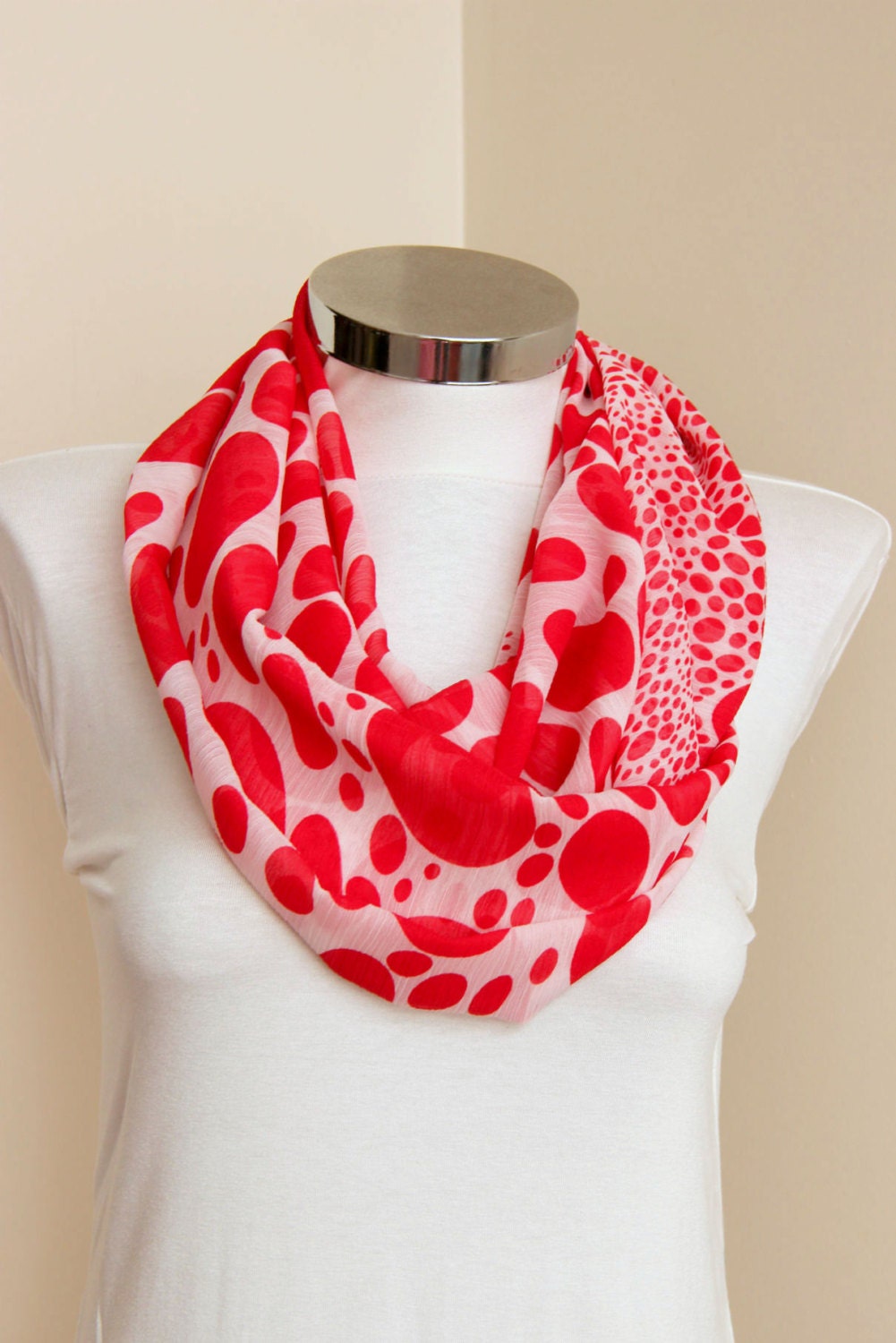 White Red Dots Infinity Scarf, Circlr Scarf, Loop Scarf, Tube Scarf ...