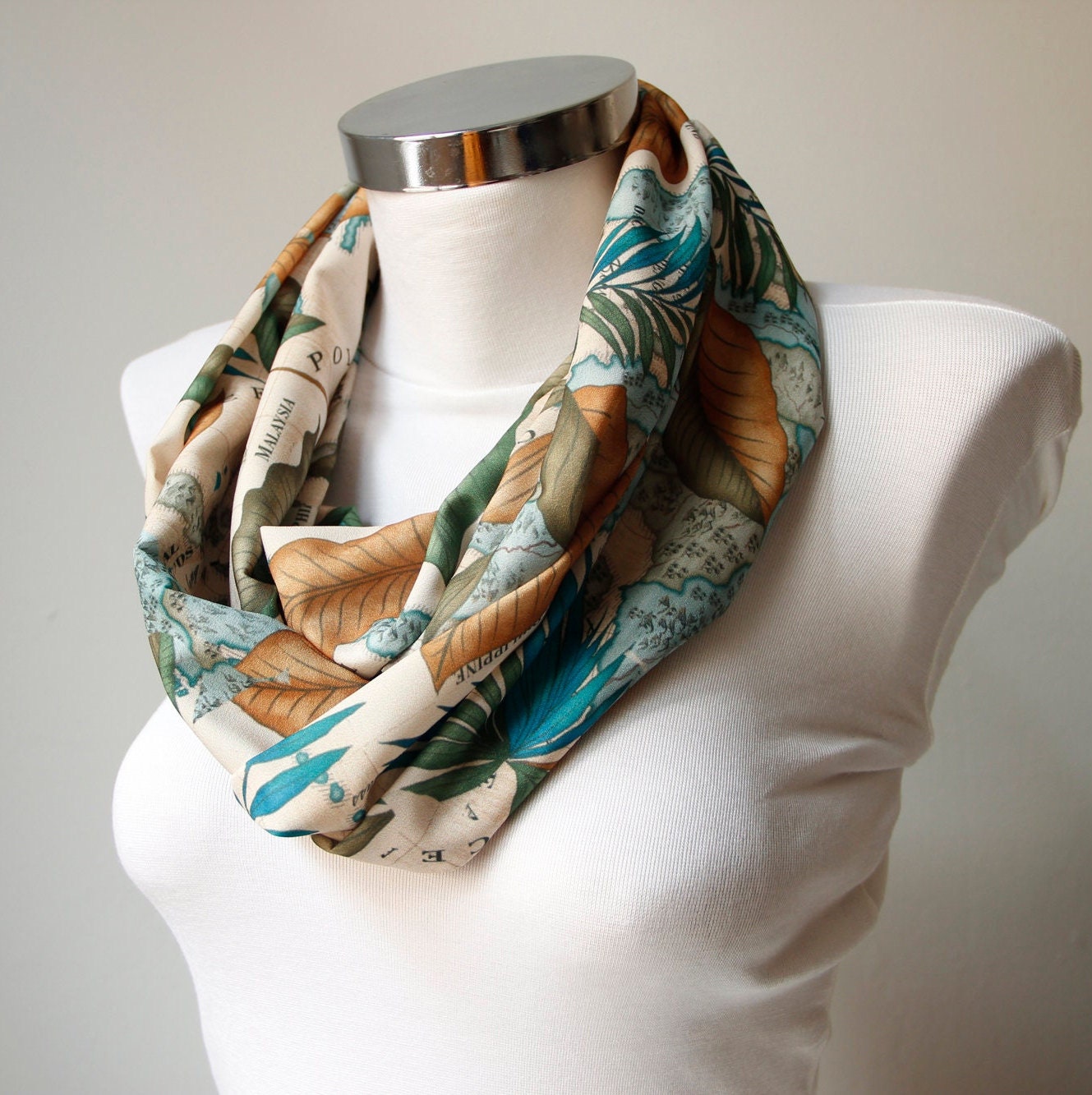World Map Infinity Scarf,world Map With Leaf Design Printed, Scarf With ...