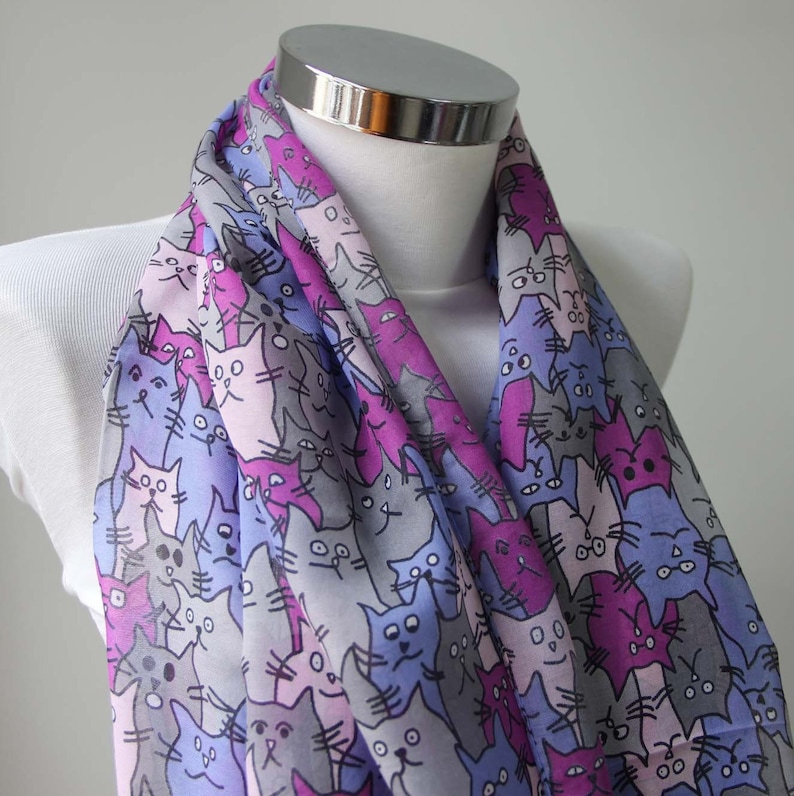 Long Scarf, Little Cute Cats, Black White, Organic Cotton Scarf, Cat ...