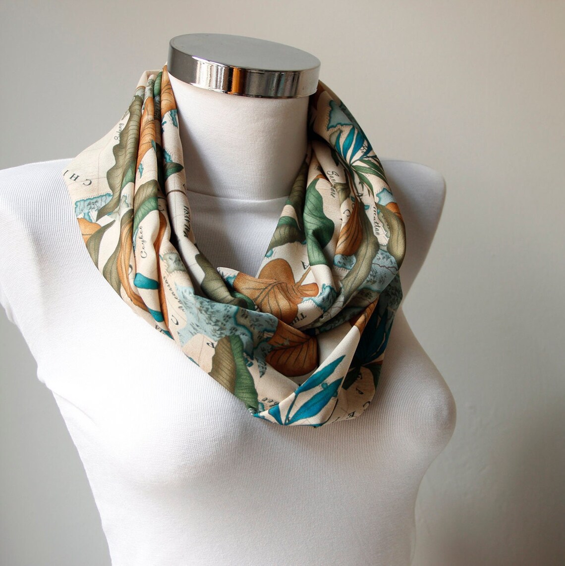World Map Infinity Scarf,world Map With Leaf Design Printed, Scarf With ...