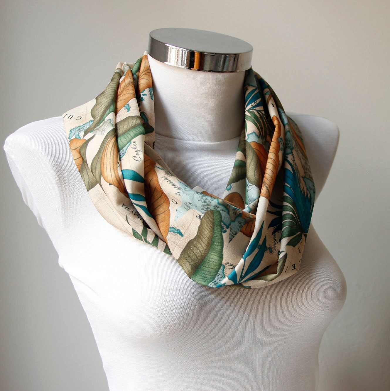 World Map Infinity Scarf,world Map With Leaf Design Printed, Scarf With ...