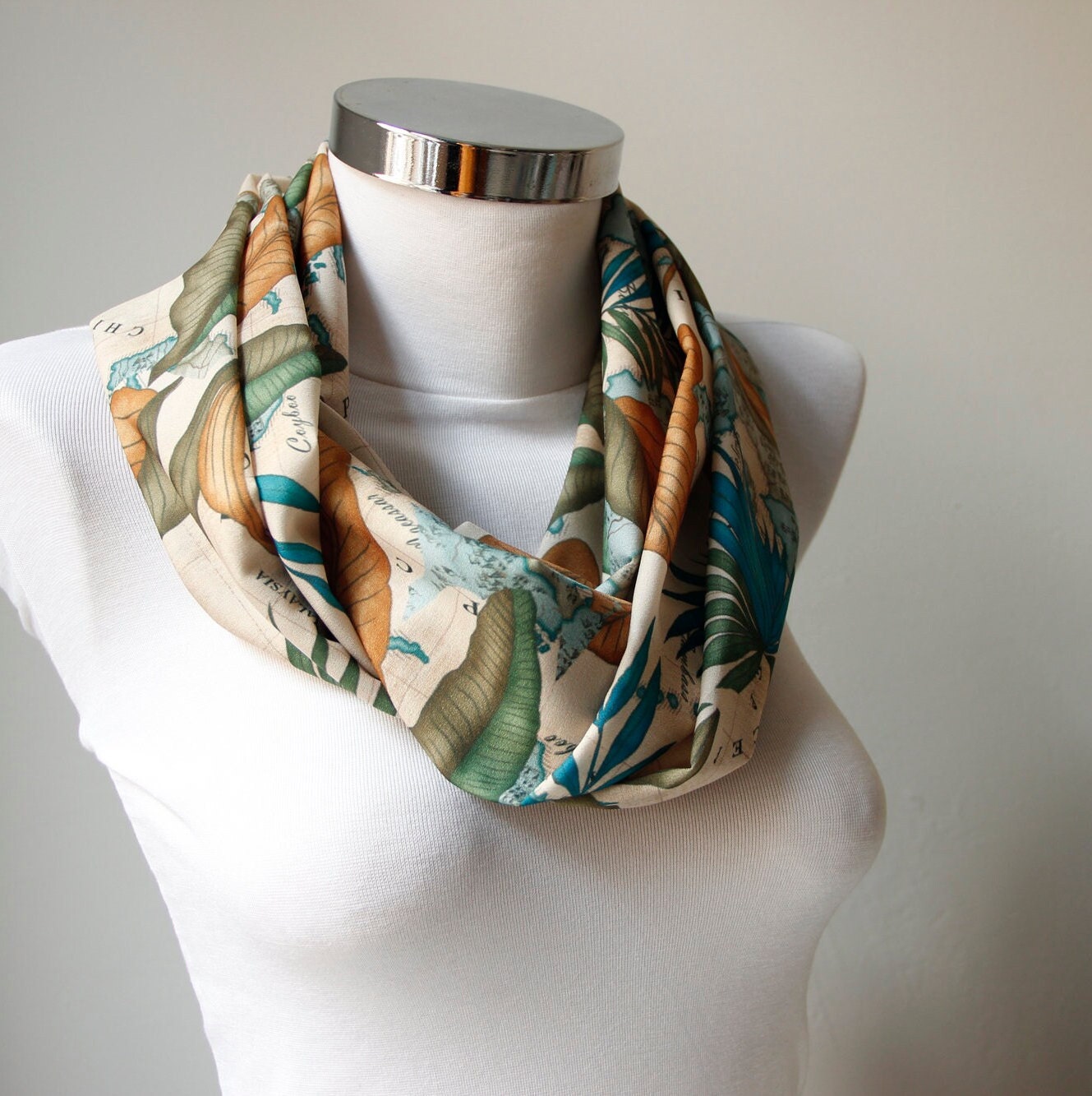 World Map Infinity Scarf,world Map With Leaf Design Printed, Scarf With ...
