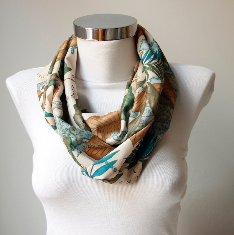 World Map Infinity Scarf,world Map With Leaf Design Printed, Scarf With ...