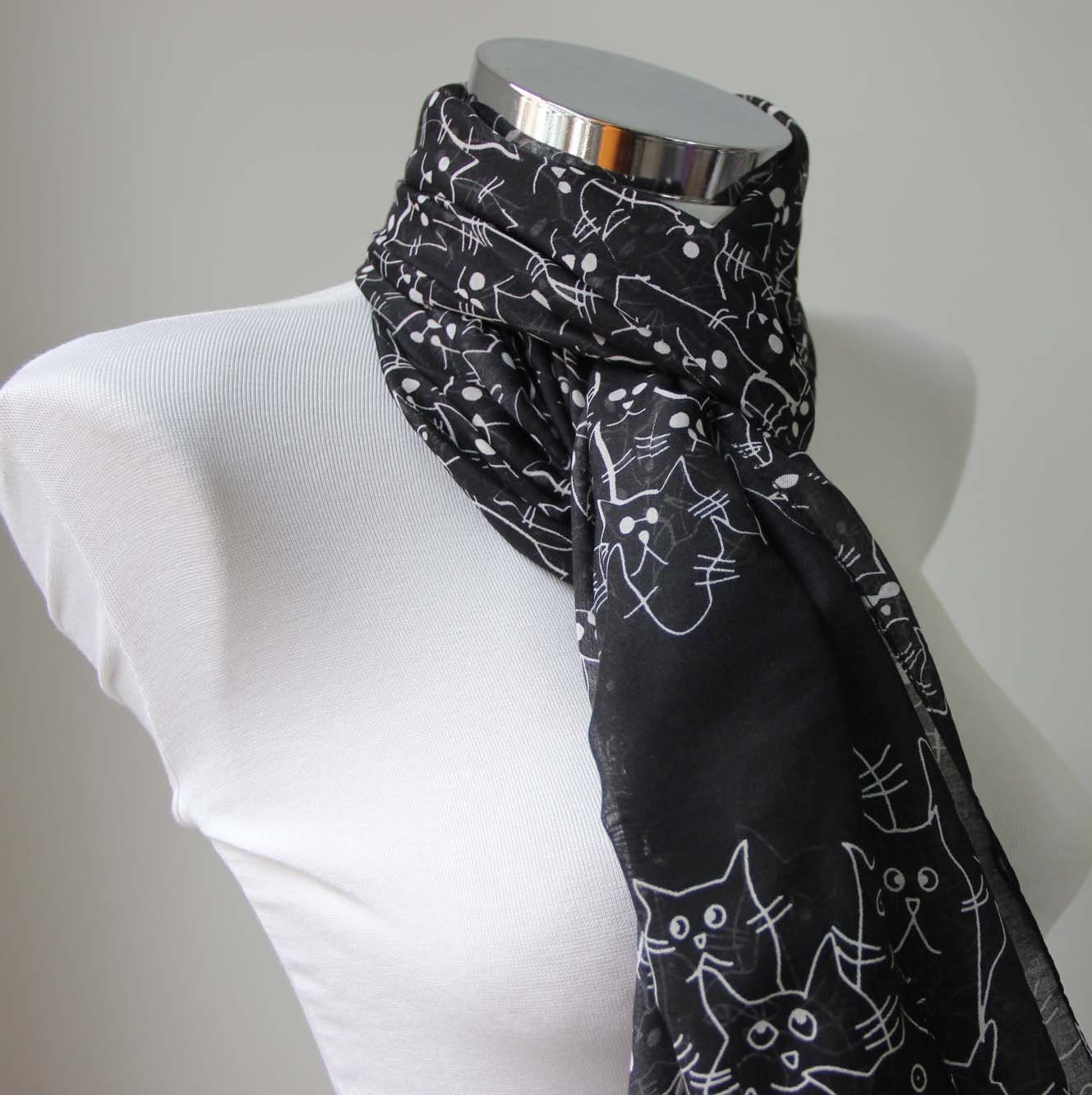 Long Scarf, Little Cute Cats, Black White, Organic Cotton Scarf, Cat ...