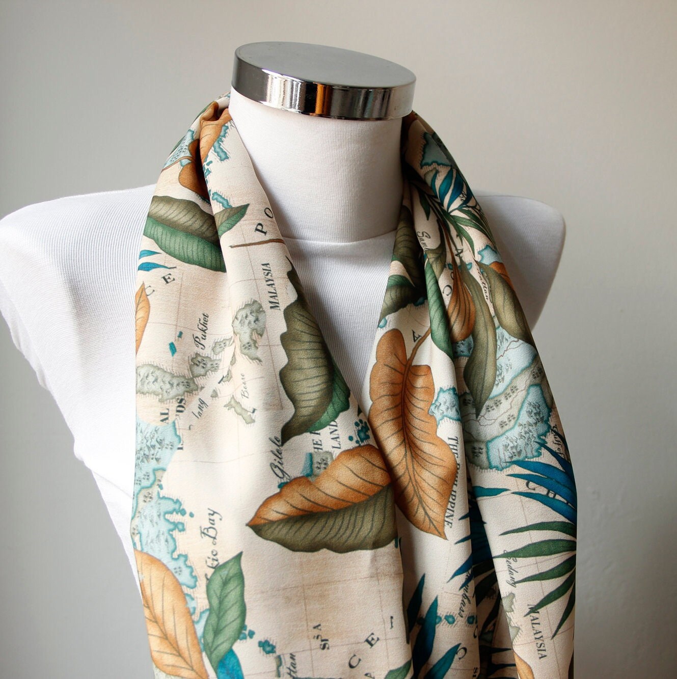 World Map Infinity Scarf,world Map With Leaf Design Printed, Scarf With ...
