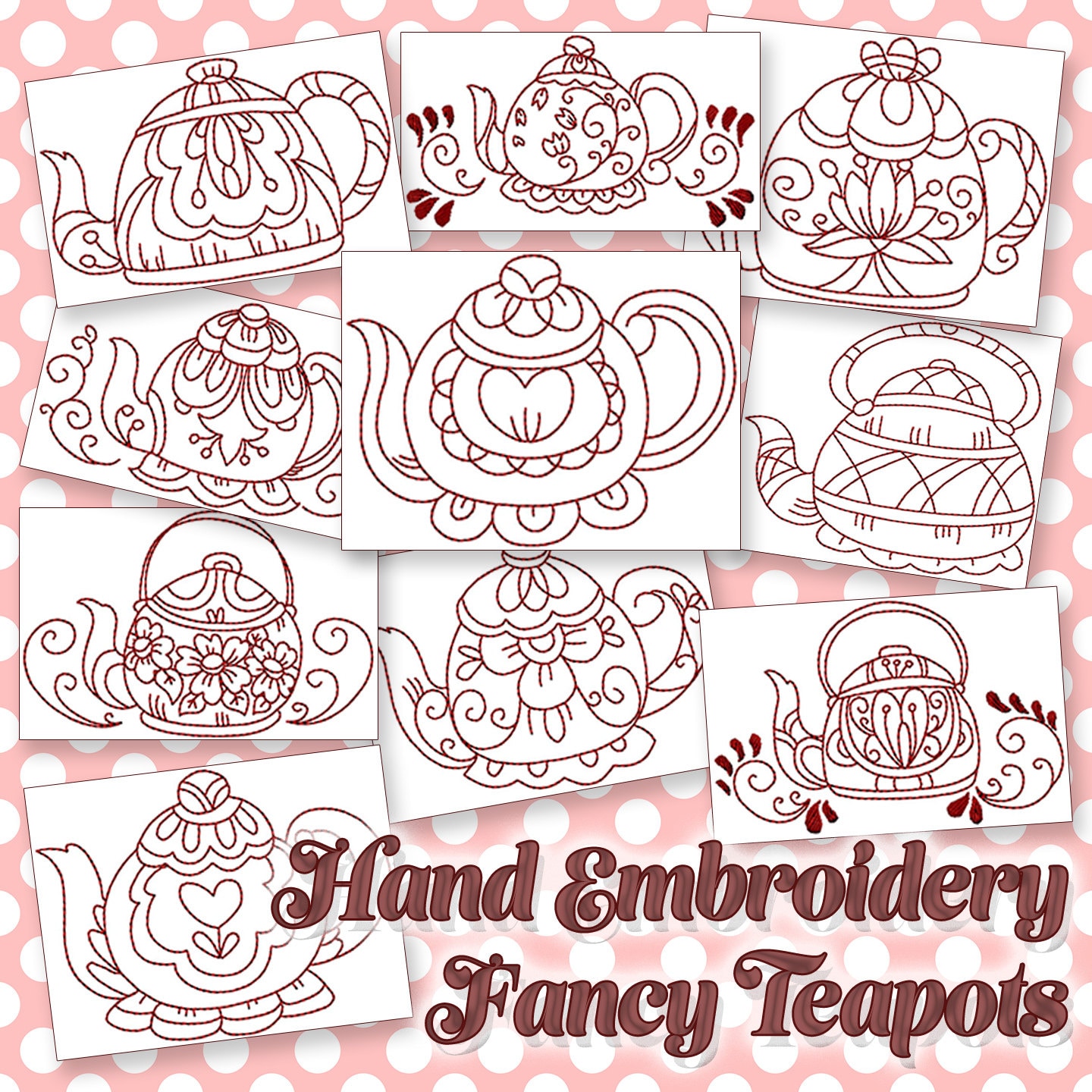 SALE Hand Embroidery Patterns Fancy Teapots in 4 Sizes PDF Instant ...