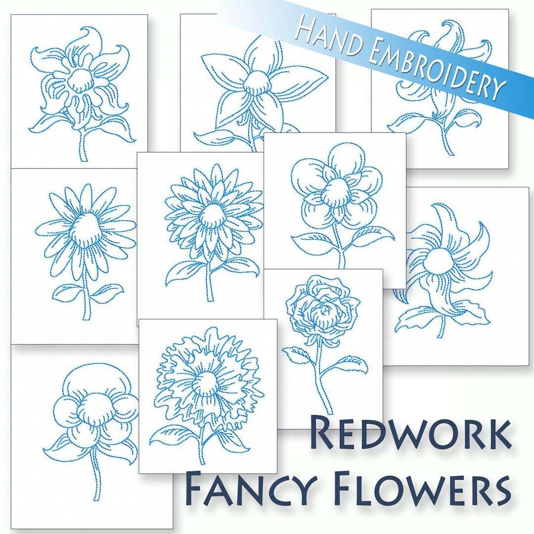SALE Hand Embroidery Patterns Redwork Designs Fancy Flowers in 4 Sizes ...