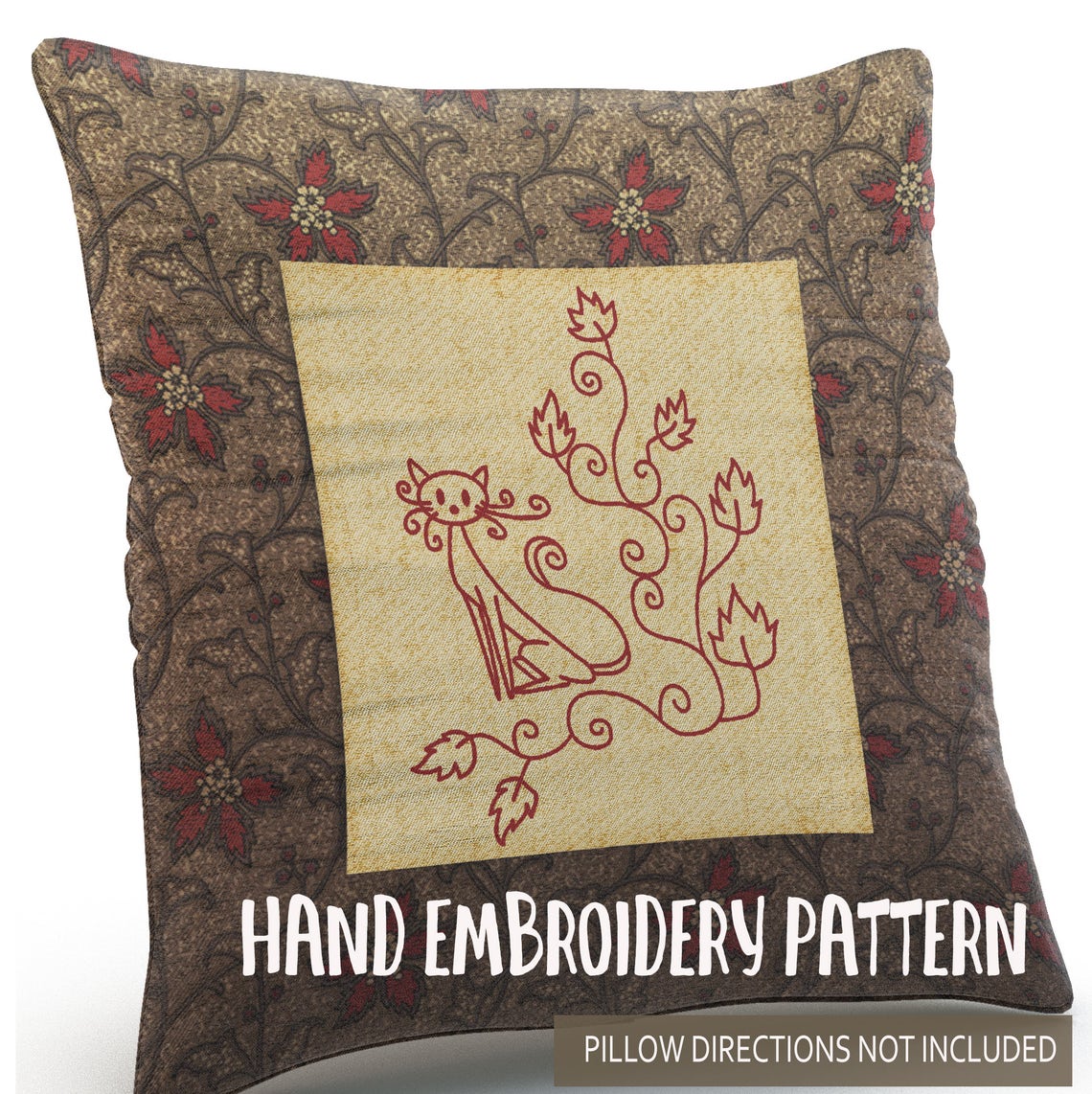 Hand Embroidery Pattern - Redwork Design - Cat With Fall Leaves in 4 ...