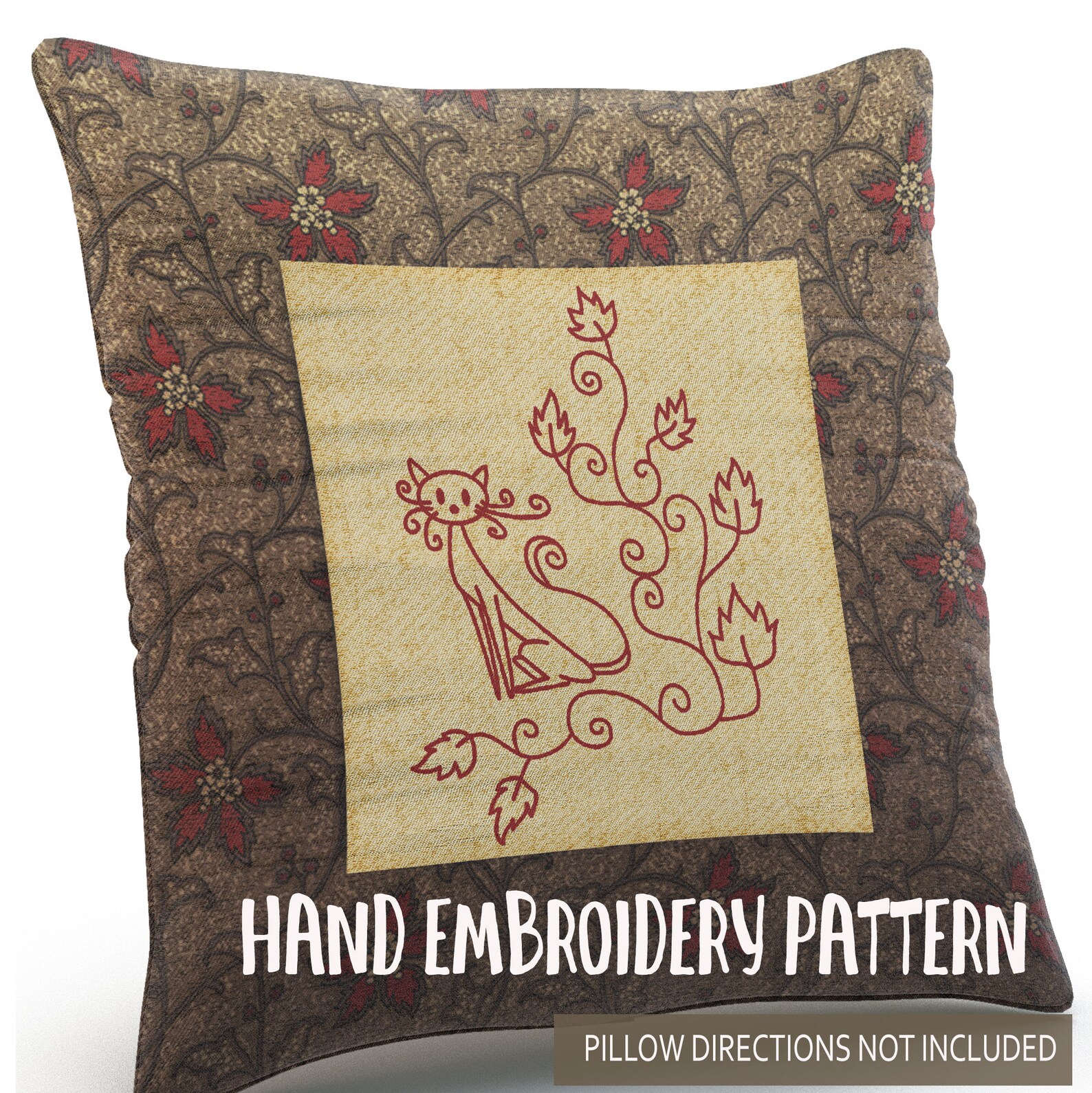 Hand Embroidery Pattern - Redwork Design - Cat With Fall Leaves in 4 ...