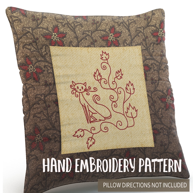 Hand Embroidery Pattern - Redwork Design - Cat With Fall Leaves in 4 ...
