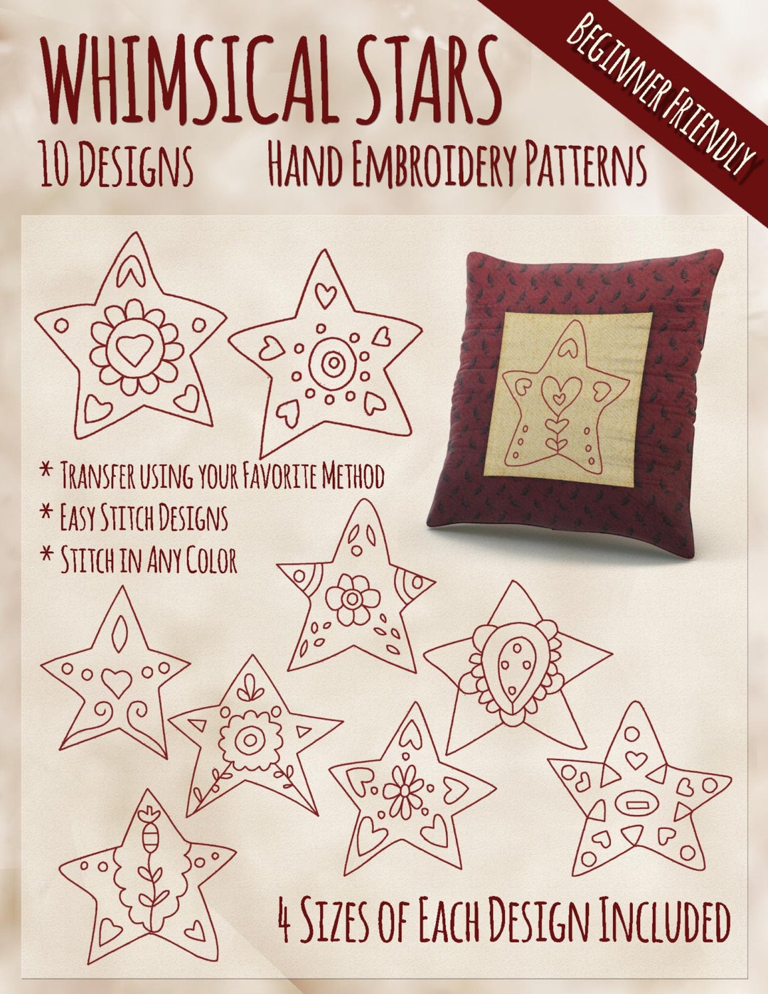 SALE Hand Embroidery Patterns Whimsical Stars in 4 Sizes PDF Instant ...