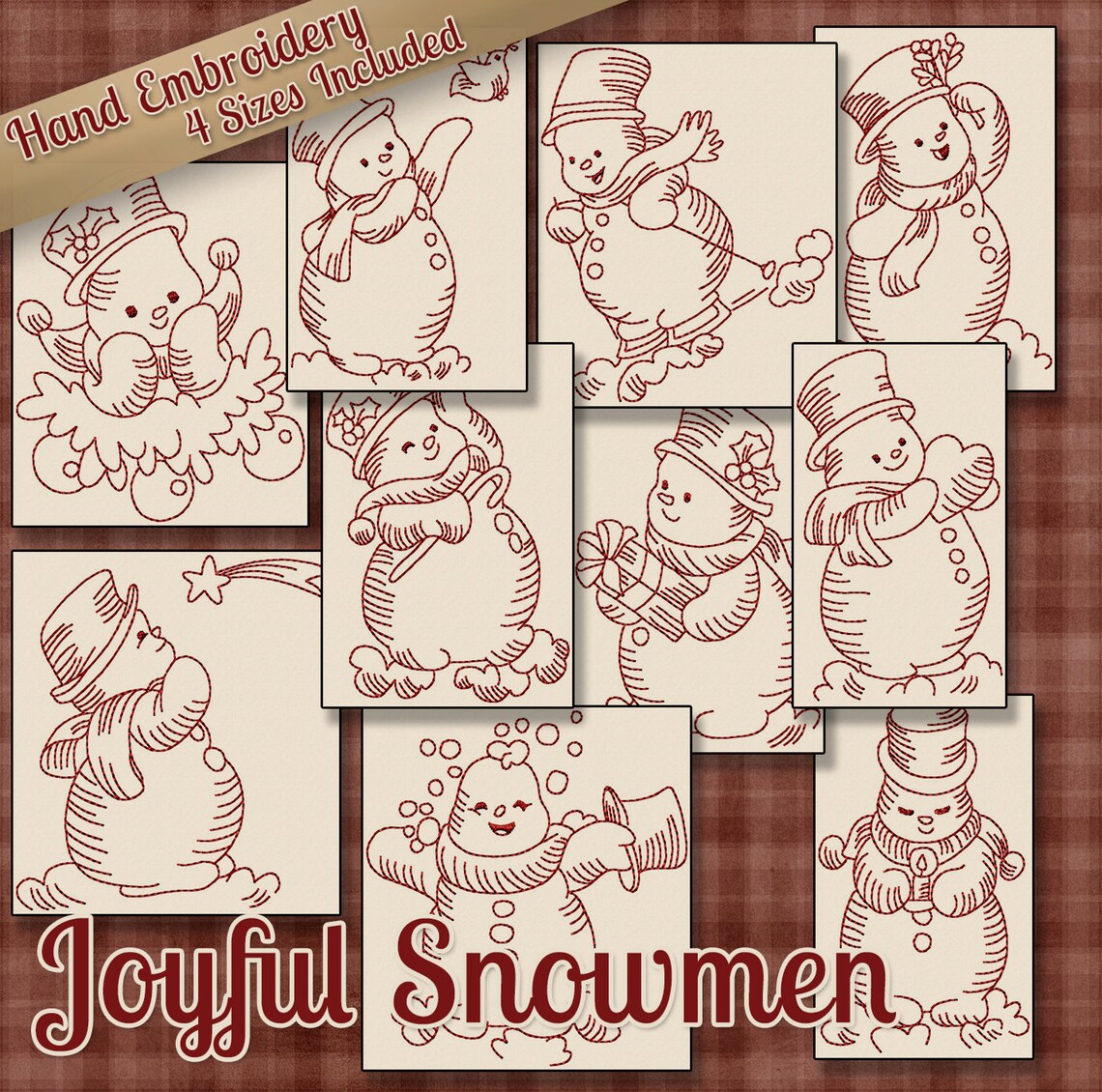 SALE Hand Embroidery Patterns Redwork Designs Joyful Snowmen in 4 Sizes ...