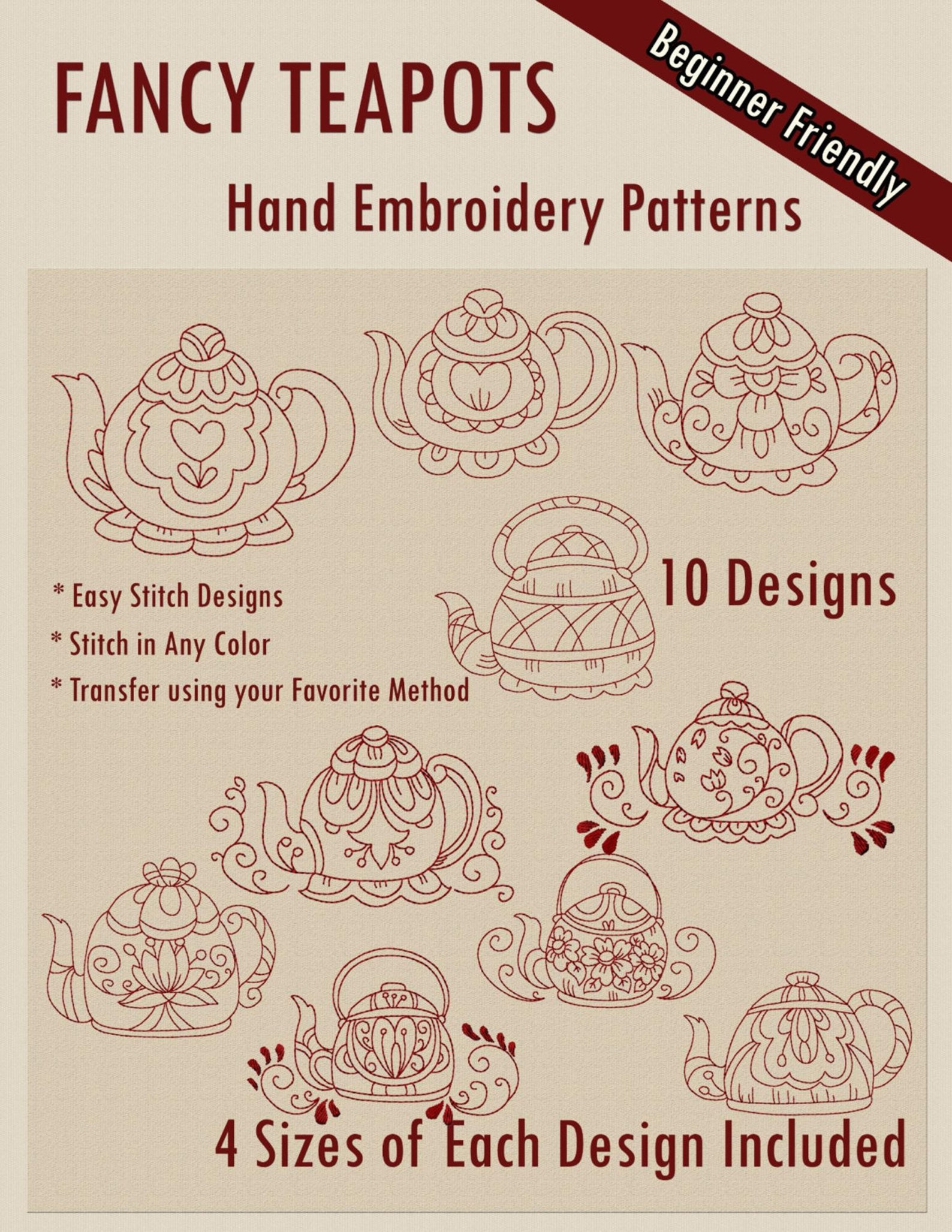 SALE Hand Embroidery Patterns Fancy Teapots in 4 Sizes PDF Instant ...