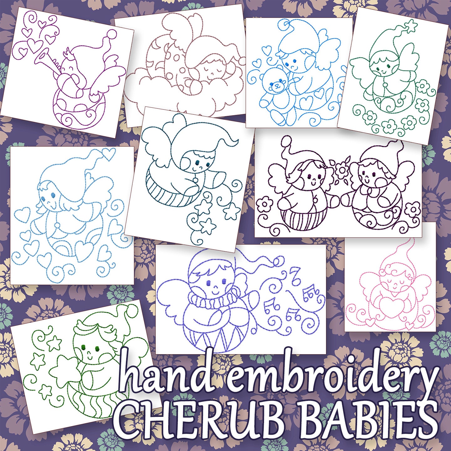 SALE Hand Embroidery Patterns Redwork Designs Adorable Cherub Angel ...