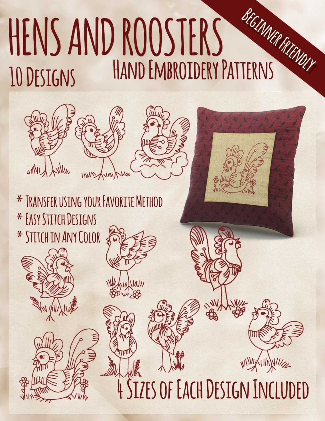 SALE Hand Embroidery Patterns Redwork Designs Hens & Roosters in 4 ...