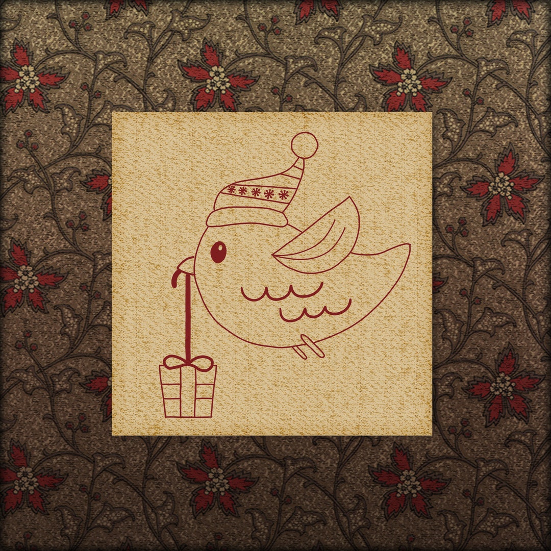 Hand Embroidery Pattern - Redwork Design - Bird With Gift in 4 Sizes ...