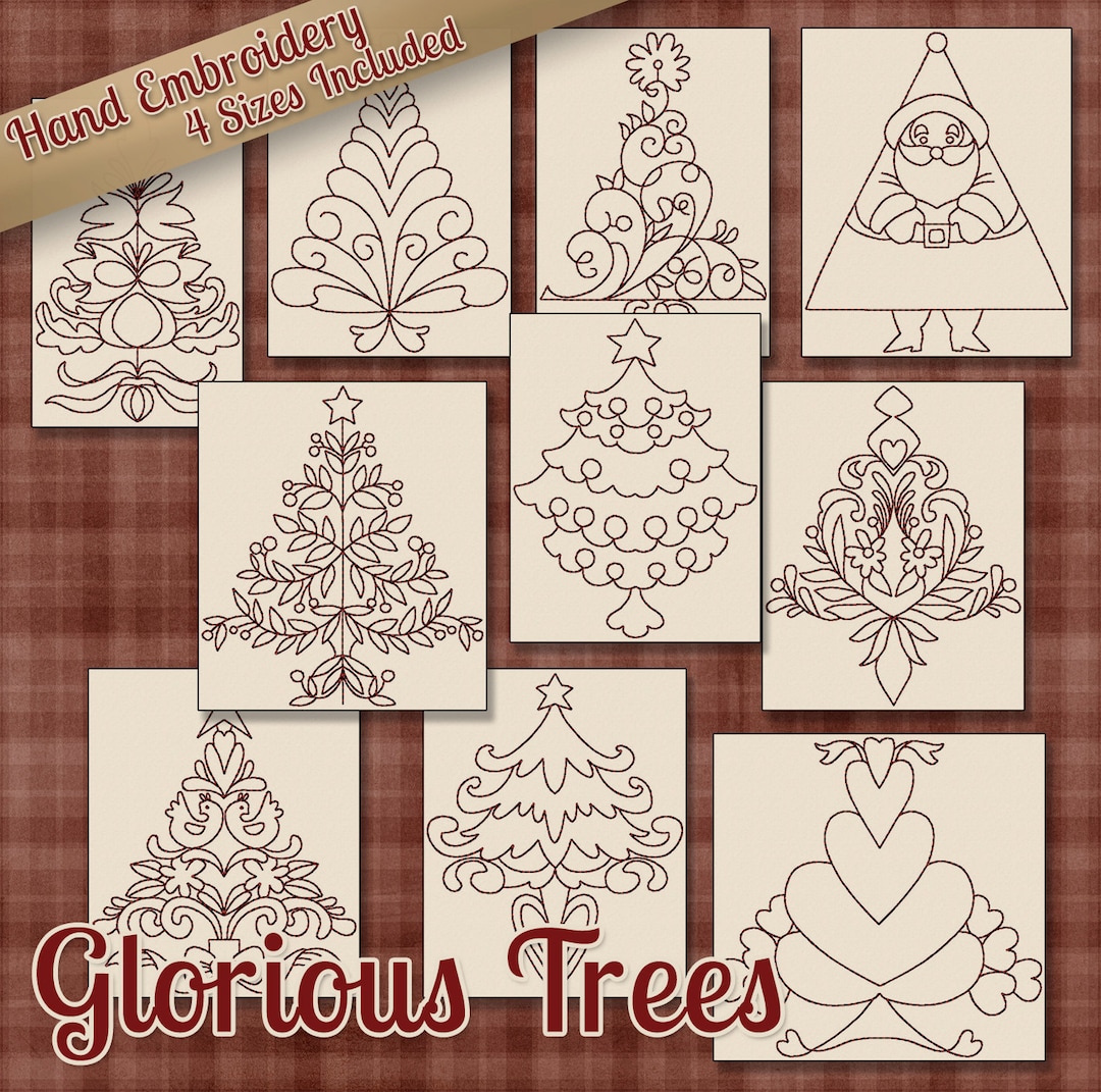 SALE Hand Embroidery Patterns Redwork Designs Glorious Trees in 4 Sizes ...