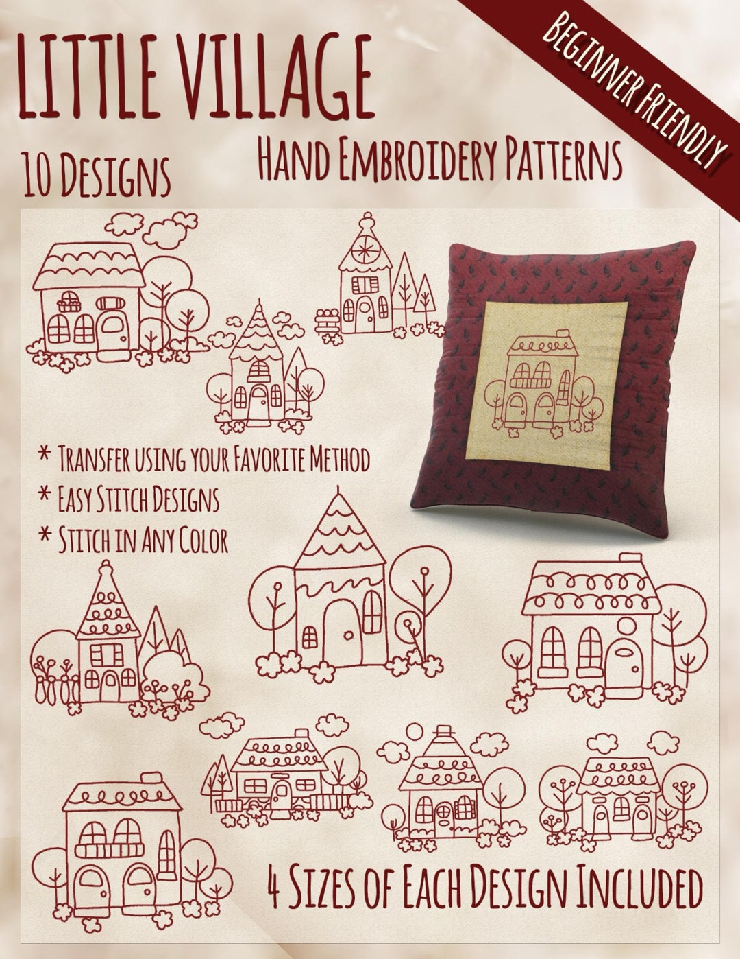 SALE Hand Embroidery Patterns Little Village Redwork in 4 Sizes PDF ...
