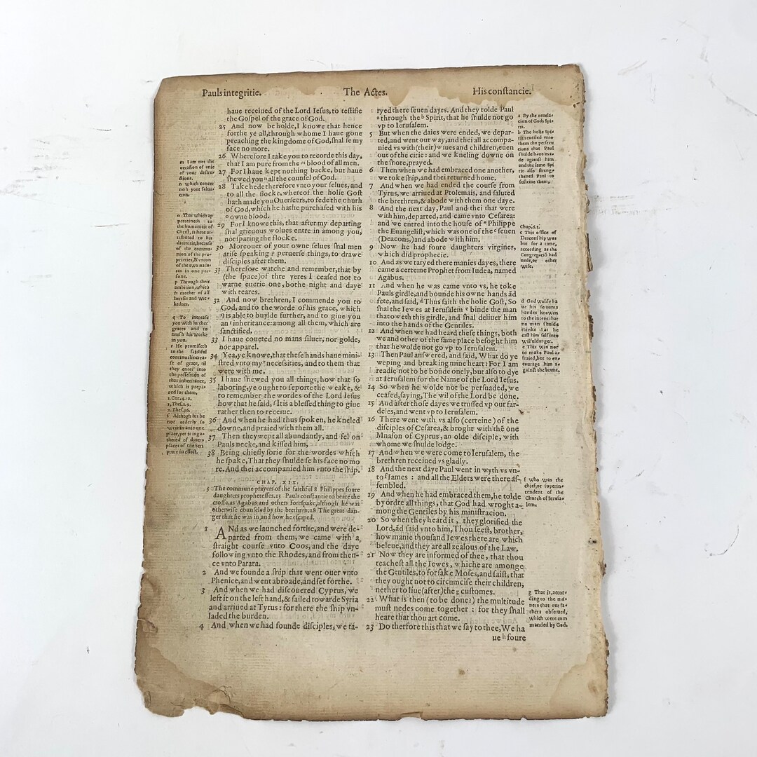 1562 Geneva Bible Leaf Acts 20 Pilgrim Bible. Printed During Queen ...