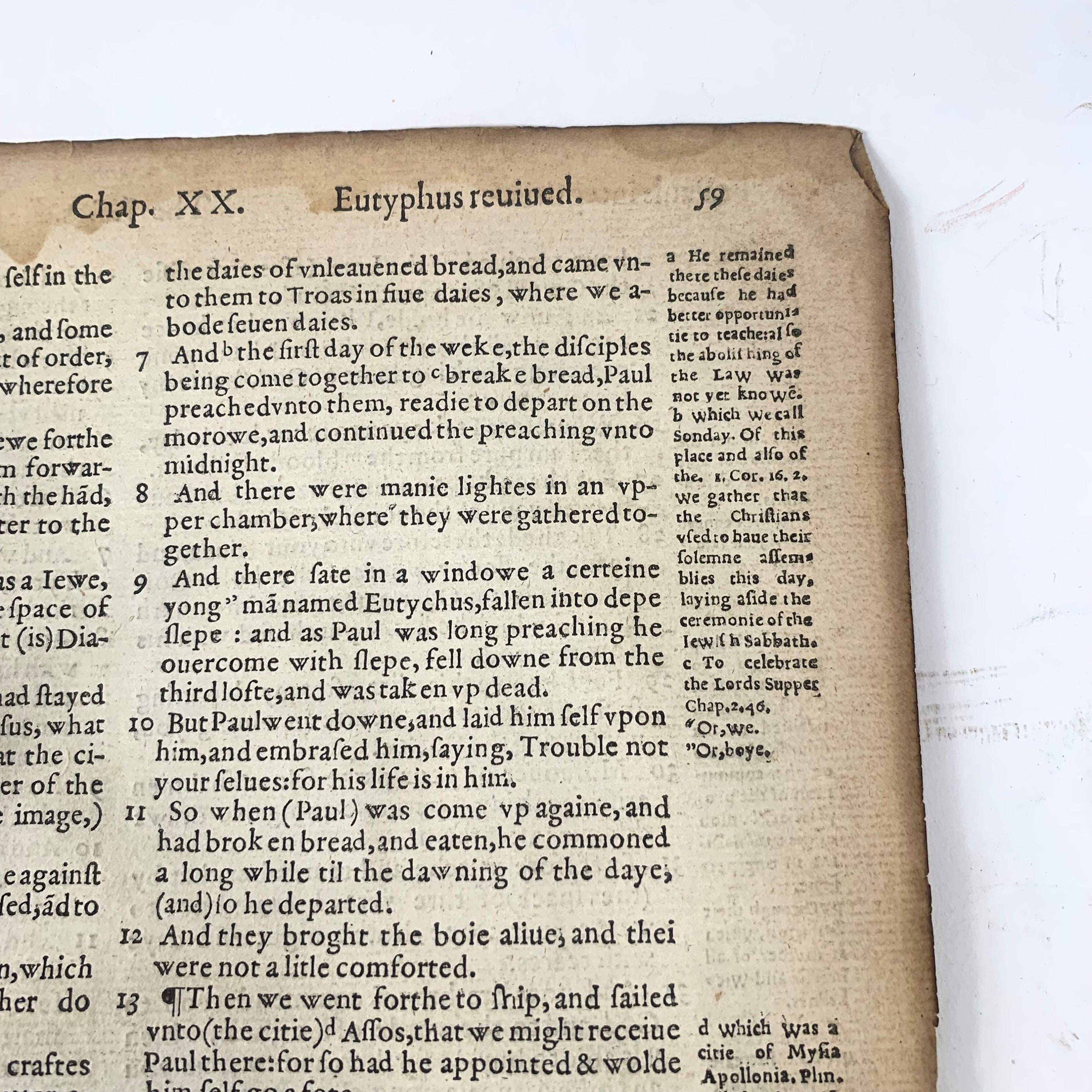 1562 Geneva Bible Leaf Acts 20 Pilgrim Bible. Printed During Queen ...