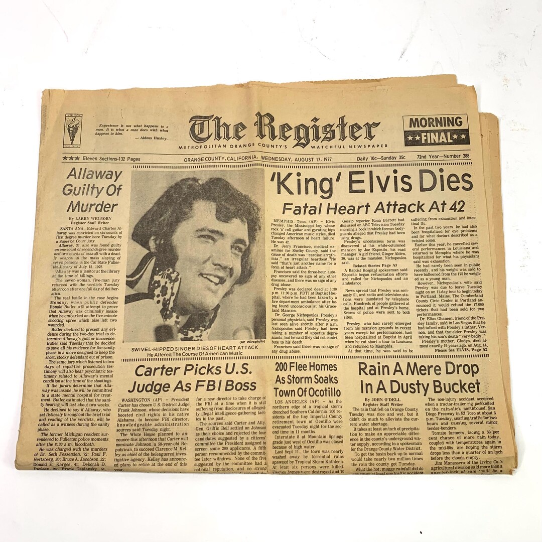 Elvis Presley “ King Elvis Dies ” Orange County Register Thursday ...