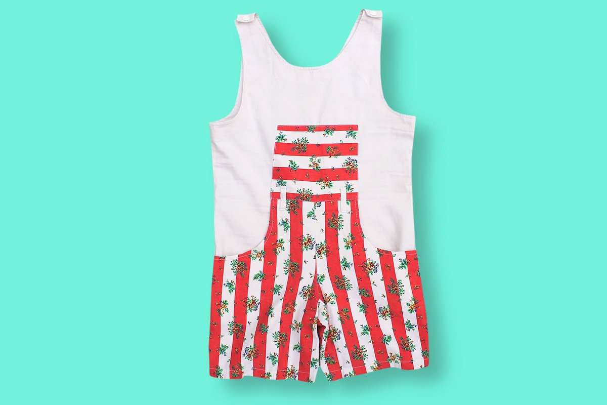 90s Off-white & Red Striped Overalls Shorts Floral Print Denim Short ...