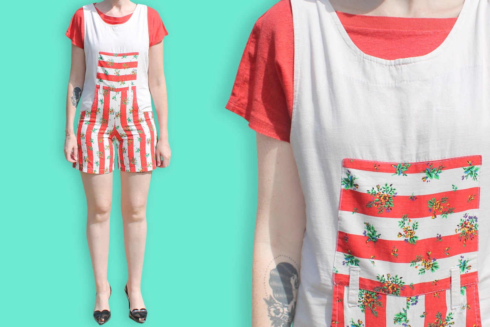 90s Off-white & Red Striped Overalls Shorts - Floral Print Denim Short ...