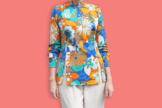 70s Hippie Flower Power Tunic - Mao Collar Psychedeli… - Gem