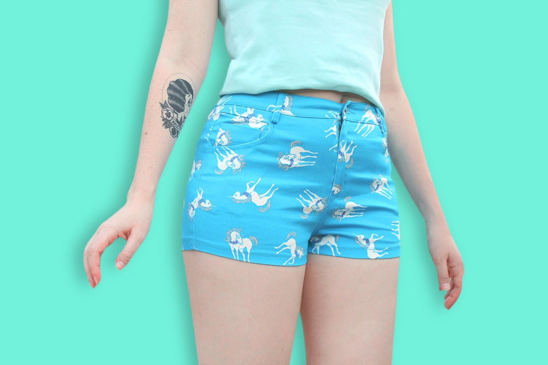 90s Mini Blue Jean Shorts - Club Kids Unicorn Printed Shorts - Micro ...