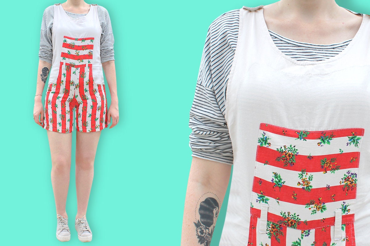 90s Off-white & Red Striped Overalls Shorts Floral Print Denim Short ...